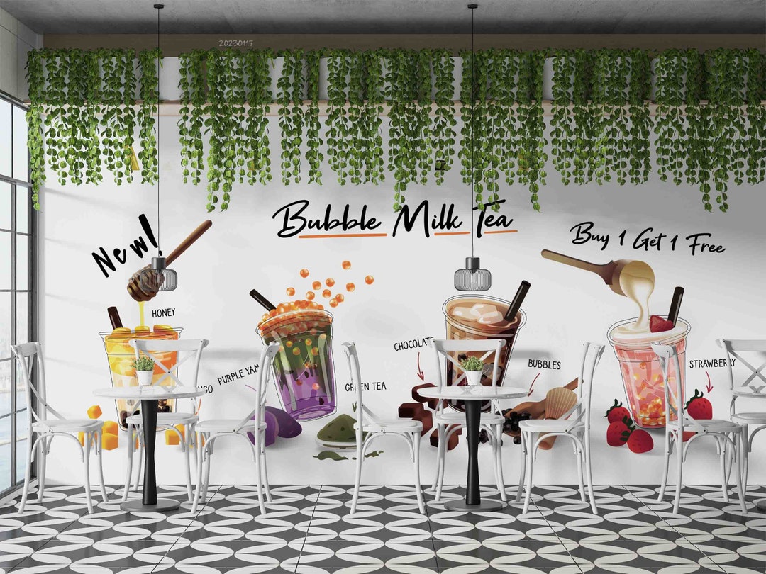 3D Fruit Tea, Bubble Tea, Milk Tea Shop, Pearl Tea, Wall Art, Peel and ...