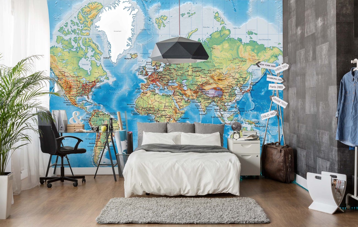 3D World Map Wallpaper Detailed Map Wall Mural Land Plate - Etsy Australia