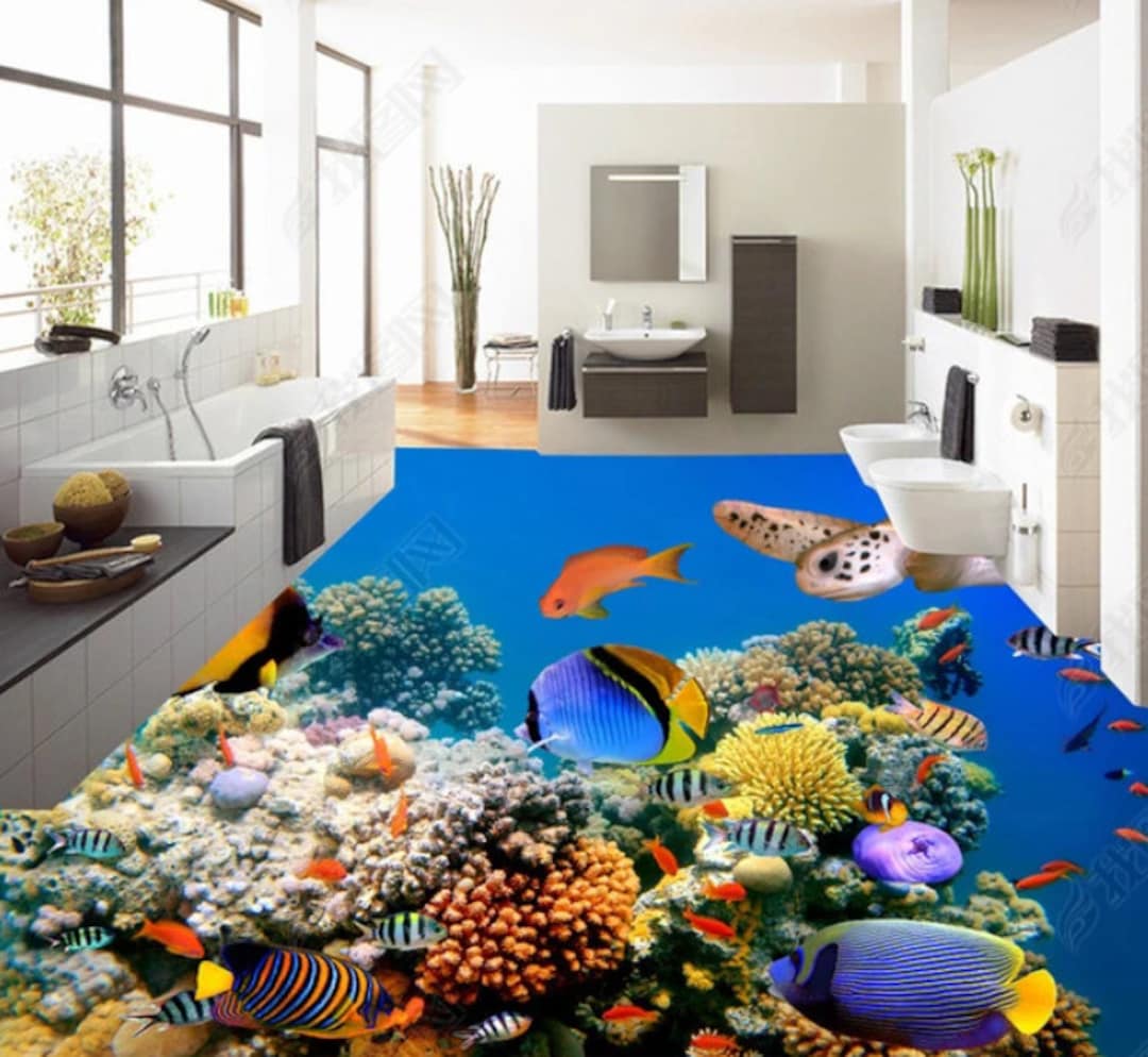 3D Coral Blue Sea Fish, Vinyl Floor Mural, Self-adhesive Vinyl, Floor ...