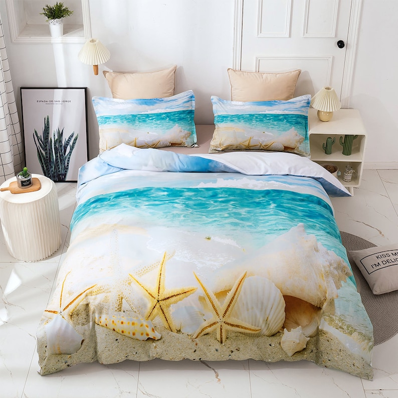 3D Beach Duvet Cover Set, Conch Starfish Print, Seascape Bedding - Etsy