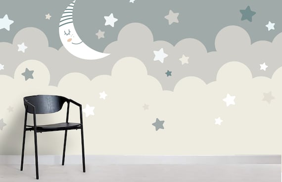 3D Moon Wallpaper Clouds Wall Mural Cartoon Wall Decor Kids - Etsy