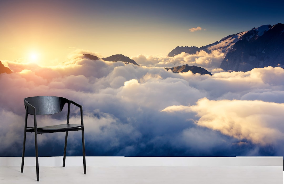3D Mountain Wallpaper, Cloud Wall Mural, Sunrise Wall Decor, Landscape Wall Art, Peel and Stick ...