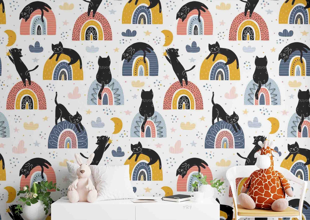 Cartoon Rainbow Animal Cat Pattern 3D Peel and Stick, Removable ...