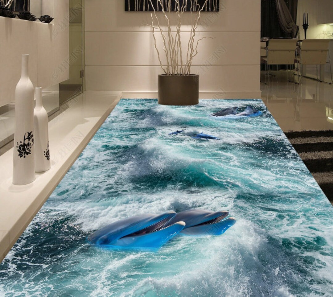 3D Sea Wave Dolphin, Vinyl Floor Mural, Self-adhesive Vinyl, Floor Art ...