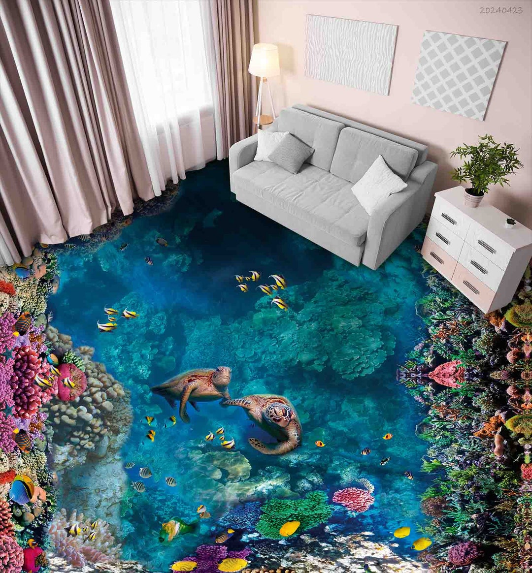 3D Coral Fish Sea Turtle, Vinyl Floor Mural, Self-adhesive Vinyl, Floor ...