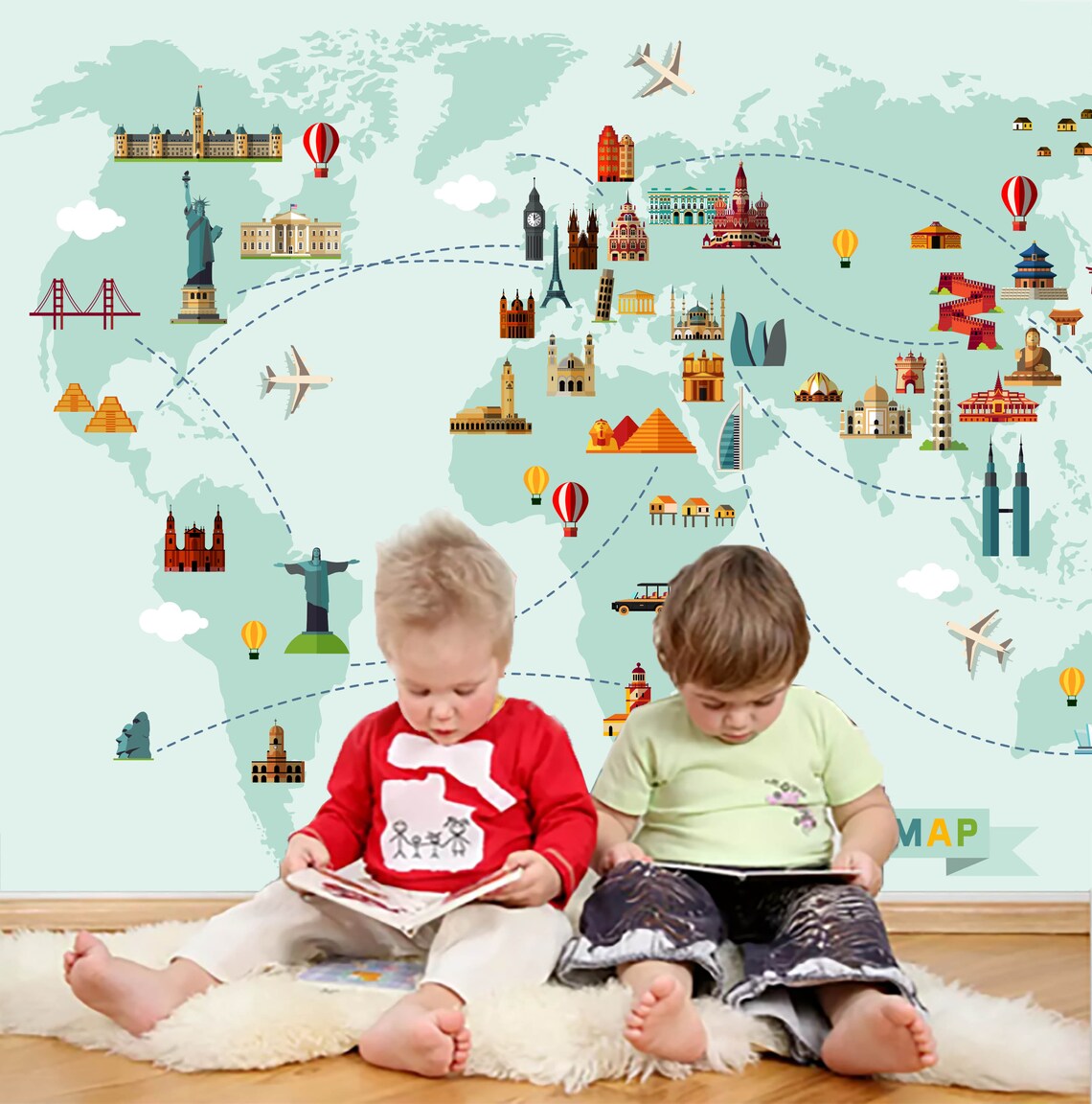 3D World Map Wallpaper Famous Building Wall Mural Cartoon - Etsy Australia