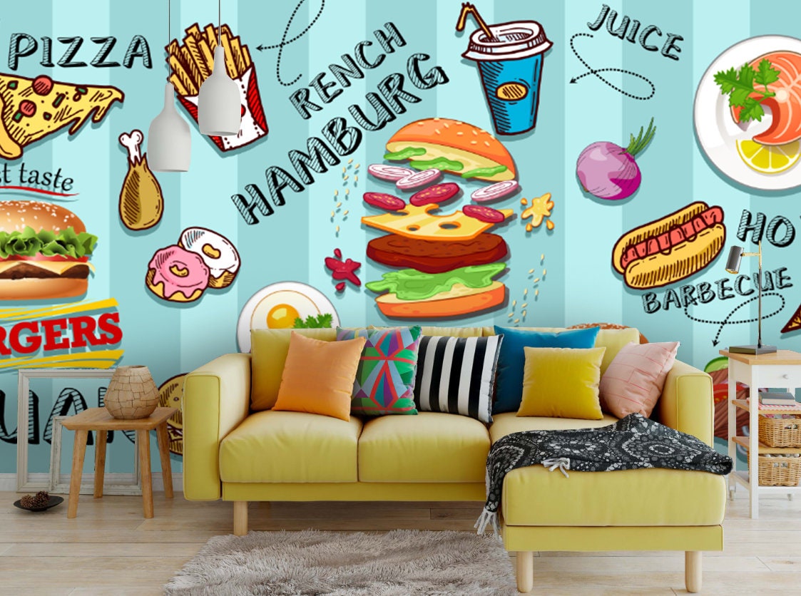 Fast Food Wallpaper Mural, Hamburger, Pizza, Fries, Peel and Stick - Etsy