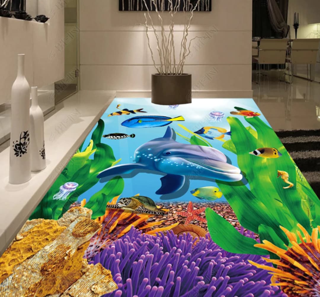 3D Dolphin Coral Fish, Vinyl Floor Mural, Self-adhesive Vinyl,floor Art ...