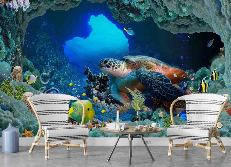 Underwater Turtle 3D Wallpaper Mural, Peel and Stick - Etsy