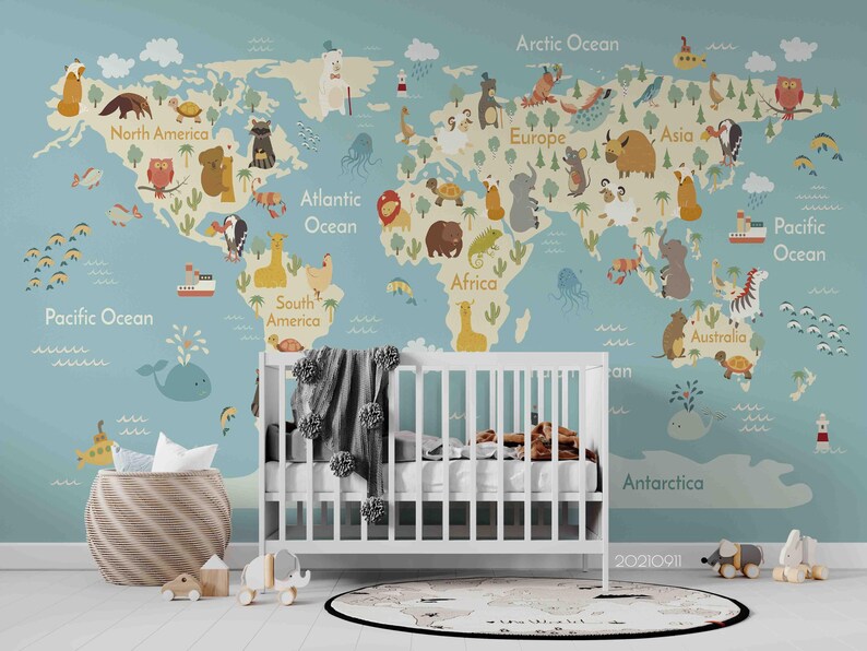 3D Animal World Map Mural: Kids Room Decor, Peel & Stick Wallpaper - Etsy