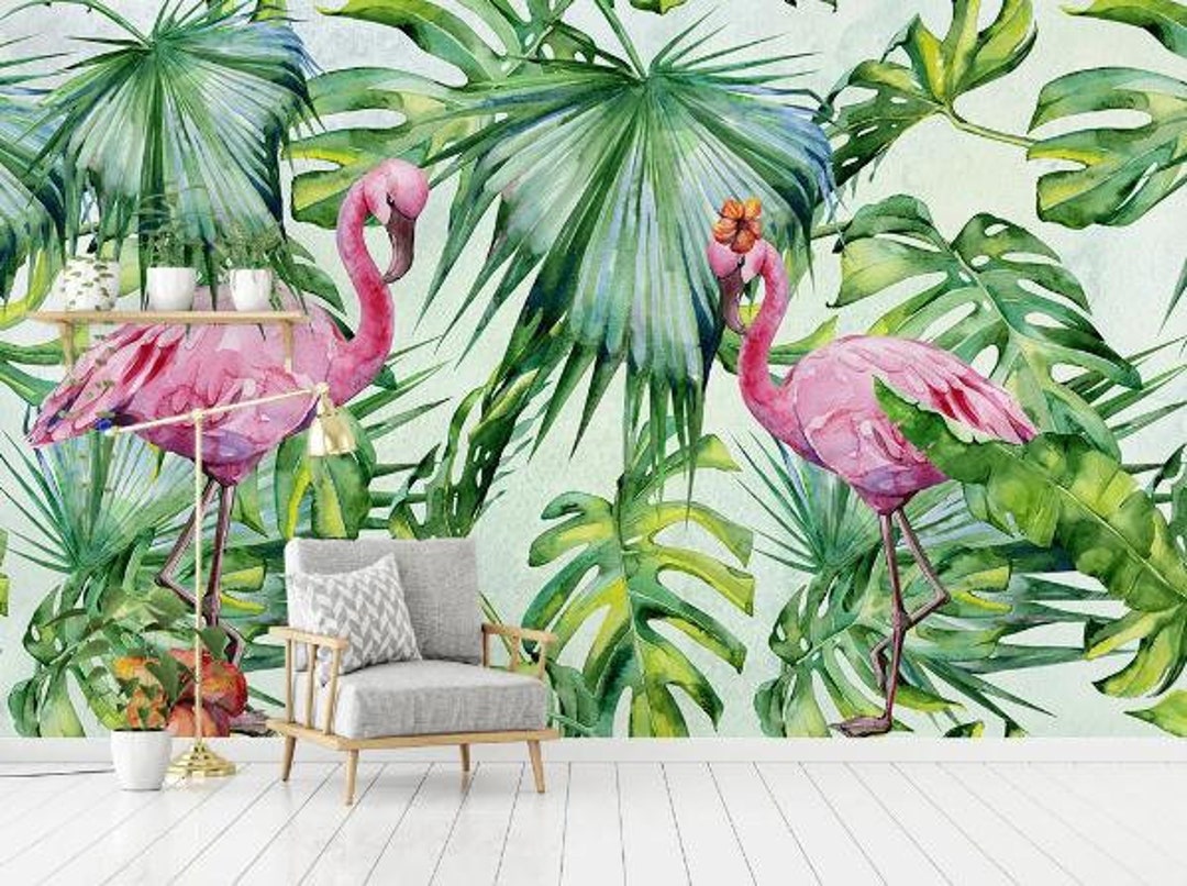 Flamingo Wallpaper, Tropical Leaf Mural, Peel and Stick Wall Decor - Etsy