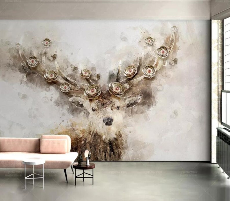 3D Elk Wallpaper Floral Wall Mural Antlers Wall Decor Old - Etsy
