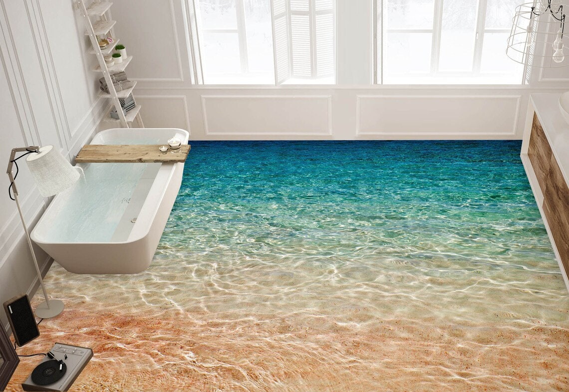 3D Green Sea Beach Vinyl Floor Mural, Self-adhesive - Etsy