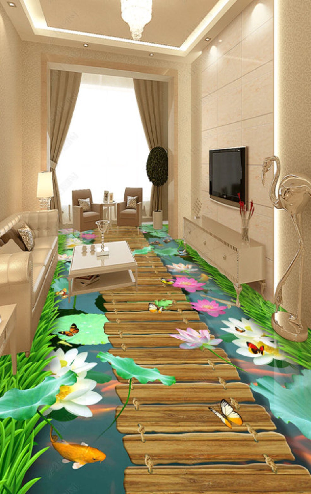 3D Bridge Lotus Grass, Vinyl Floor Mural, Self-adhesive Vinyl, Floor ...