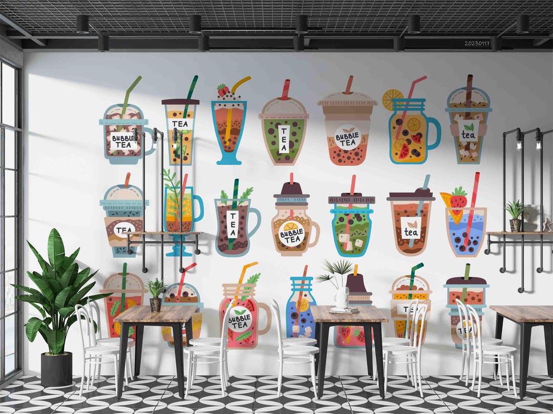 Bubble Tea Shop Wall Mural – Hand Drawn 3D Wallpaper, Peel & Stick - Etsy