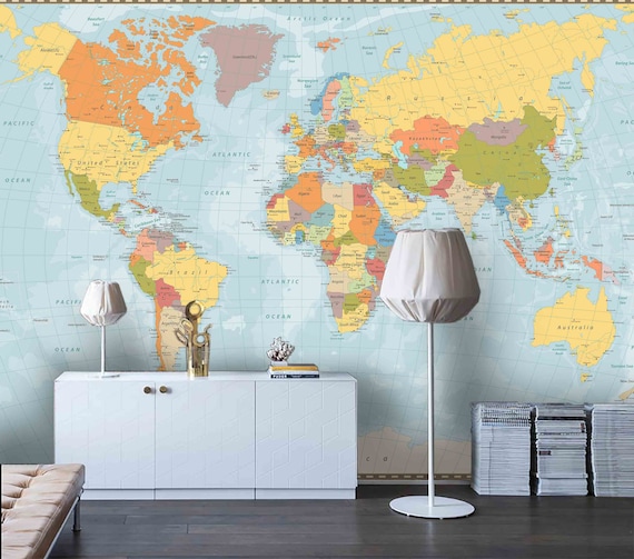 3D World Map Wallpaper Warm-tones Wall Mural Land Wall - Etsy