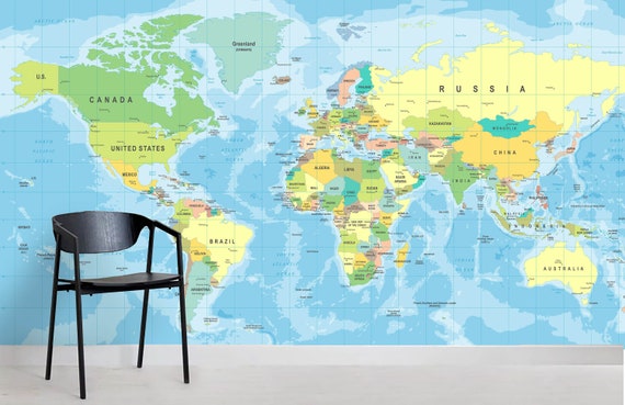 3D World Map Wallpaper Blue-tones Wall Mural Details Wall - Etsy