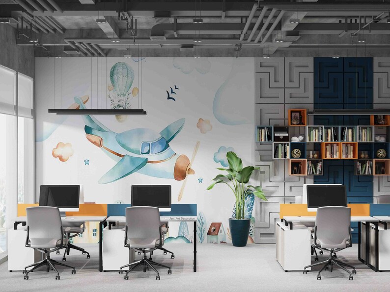 Watercolor Airplane Wallpaper Mural, Kids Playroom Wall Decor (peel ...