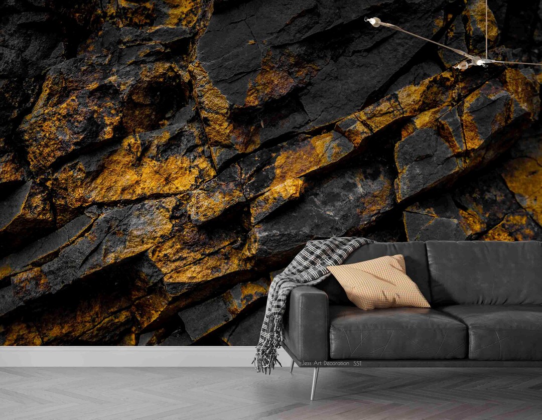 Black Gold Stone Wall Mural – 3D Texture, Peel and Stick Wallpaper - Etsy