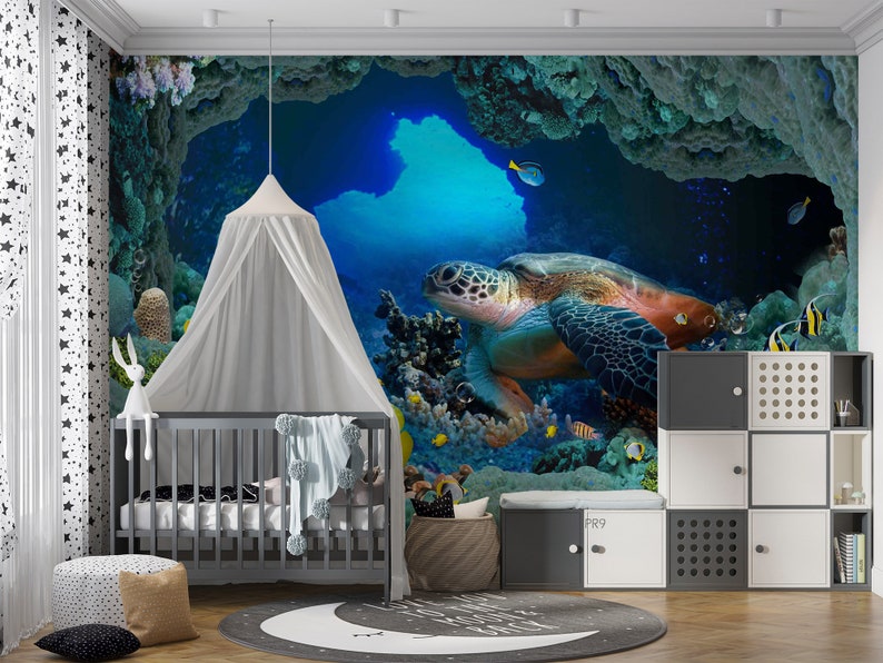 Underwater Turtle 3D Wallpaper Mural, Peel and Stick - Etsy
