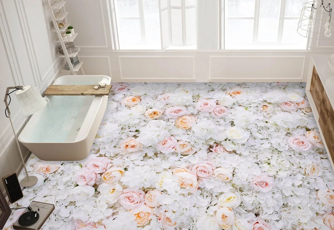 3D White Rose Flower, Vinyl Floor Mural, Self-adhesive Vinyl, Floor Art ...