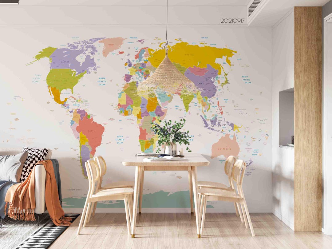 Map Wall Mural – 3D Simple Colorful World Map Wallpaper, Peel and Stick ...