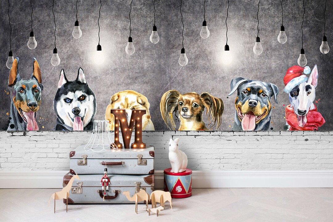 3D Cute Dogs Wallpaper, Animal Wall Mural, Brick Texture Wall Decor ...
