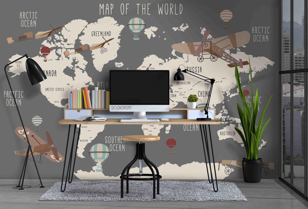 Retro Airplane World Map Mural – Peel and Stick Wallpaper - Etsy UK