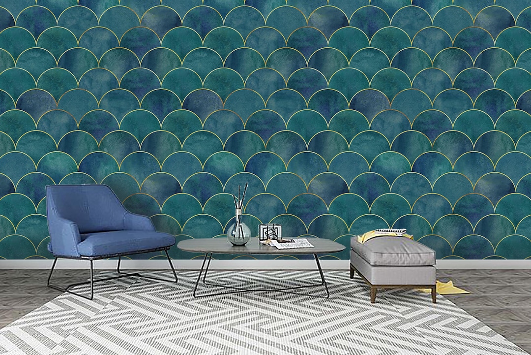 3D Fish Scales Wallpaper, Blue Wall Mural, Abstract Wall Decor, Pattern ...