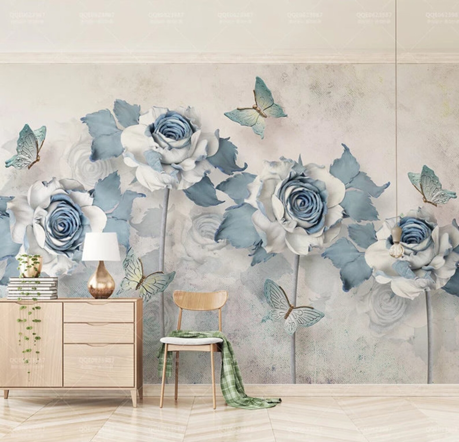 3D Rose Wallpaper Blue Rose Wall Mural Butterfly Fly Wall - Etsy