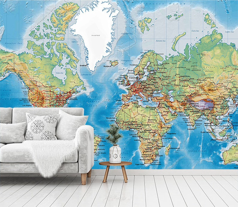 3D World Map Wallpaper Detailed Map Wall Mural Land Plate - Etsy Australia