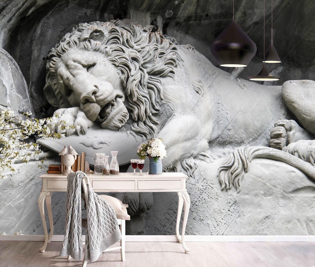 3D Lion Wallpaper, Lying Lion Wall Mural, Relief Wall Decor, Old Wall ...