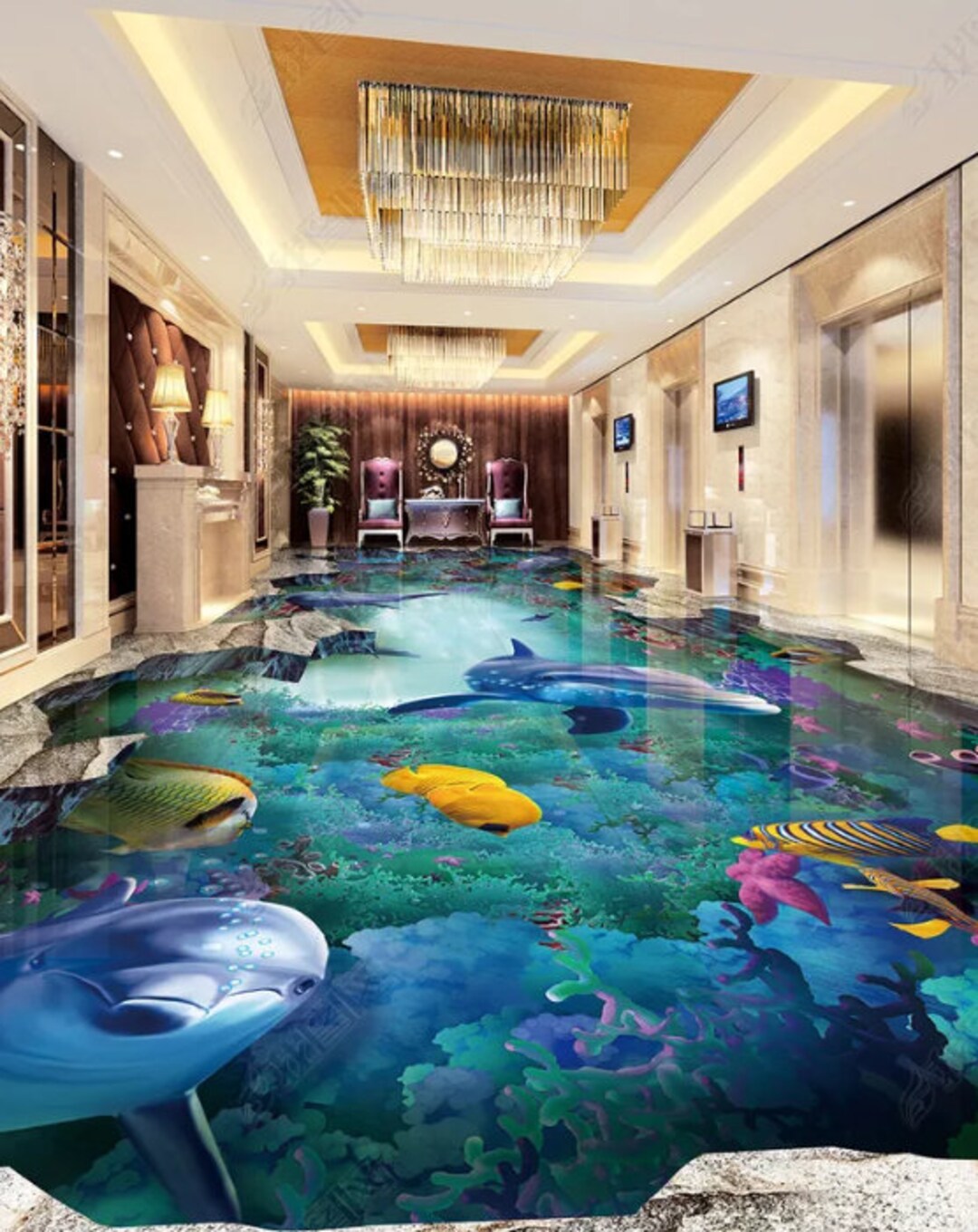 3D Underwater World Dolphin Fish, Vinyl Floor Mural, Self-adhesive ...