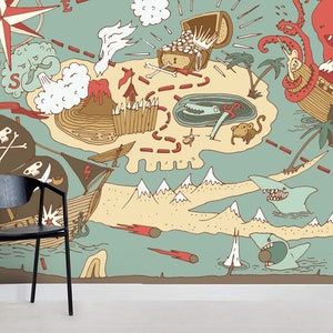 3D Pirate Map Wallpaper, Island Wall Mural, Treasure Wall Decor, Hand ...