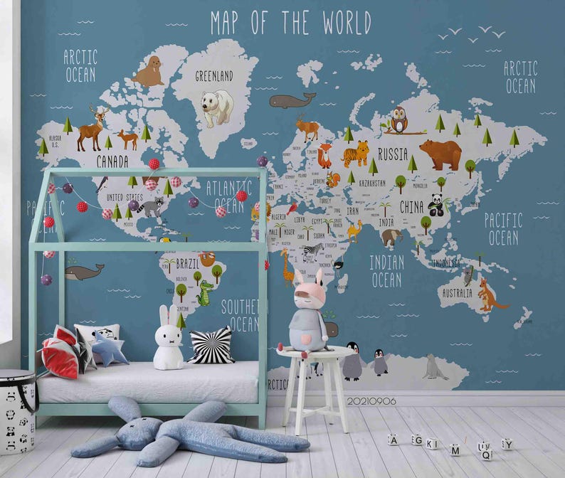 3D Cartoon Animal World Map Wallpaper Mural – Peel and Stick - Etsy