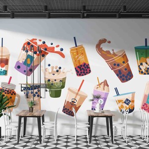 3D Hand Drawn, Bubble Tea, Milk Tea Shop, Pearl Tea, Wall Art, Peel and ...