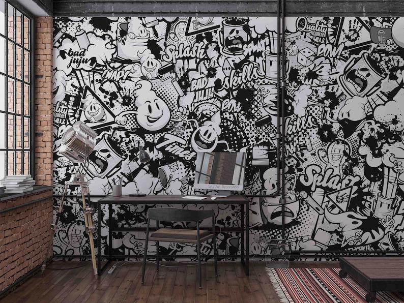 3D Graffiti Wallpaper, Black & White Cartoon Mural, Peel and Stick - Etsy