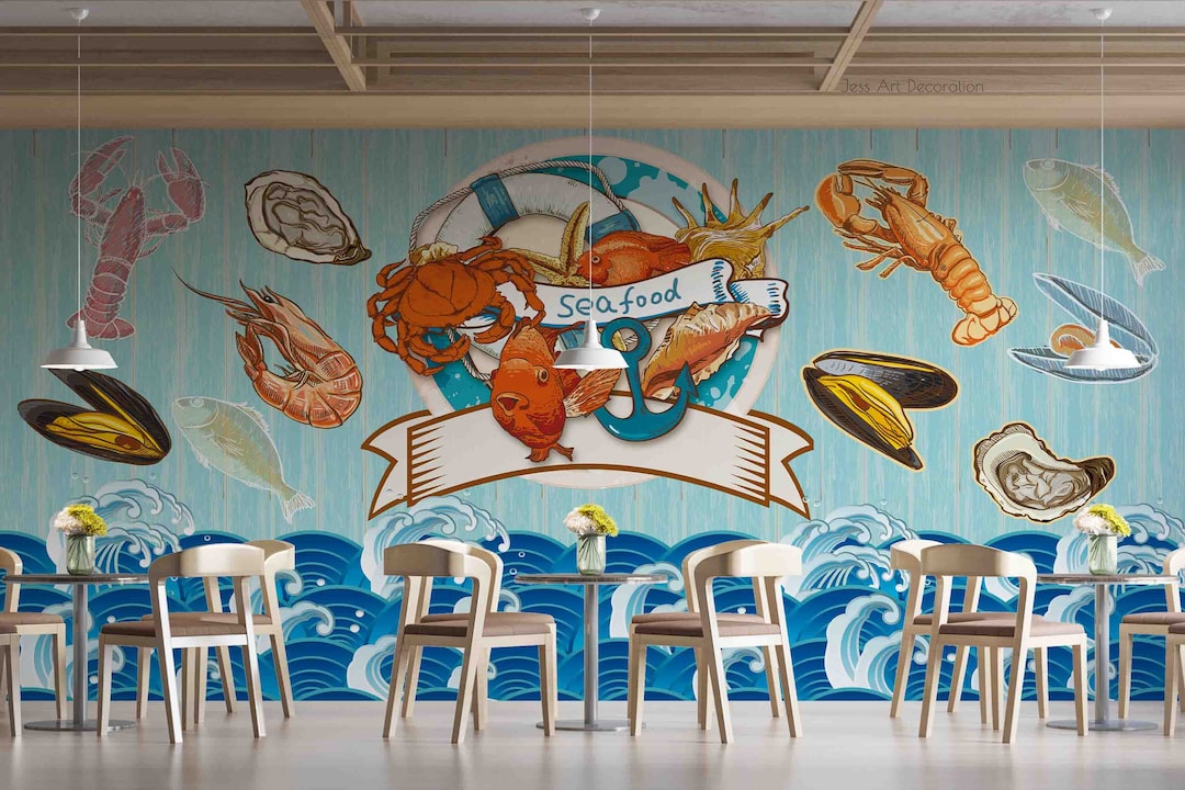 3D Restaurant Wallpaper, Seafood Wall Mural, Wave Wall Decor, Food Wall ...