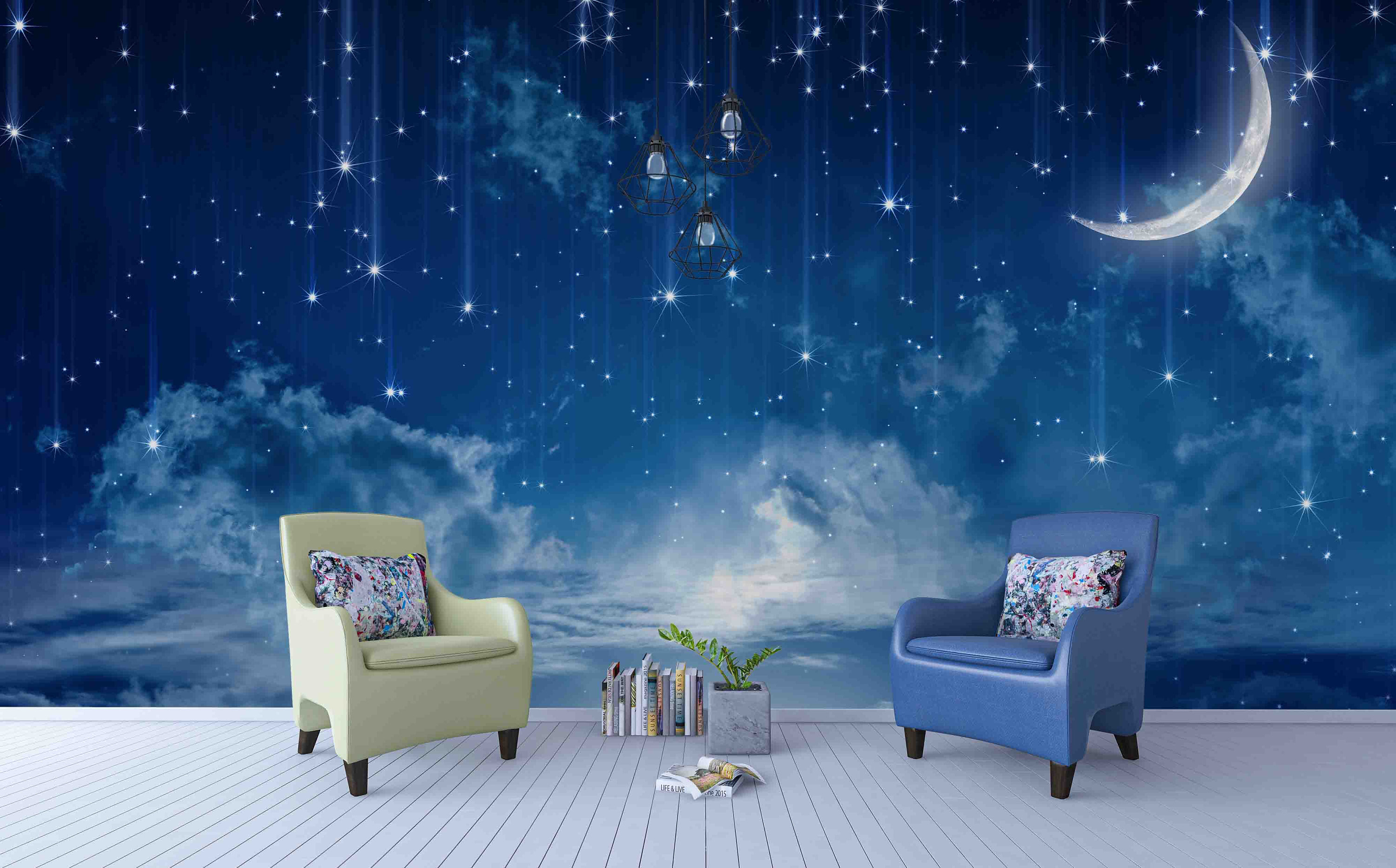 3D Night Sky Wallpaper, Stars Moon Clouds Wall Mural (peel and Stick ...