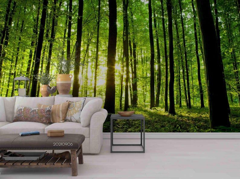 Green Forest Wall Mural – 3D Sunlight Wallpaper, Peel and Stick - Etsy