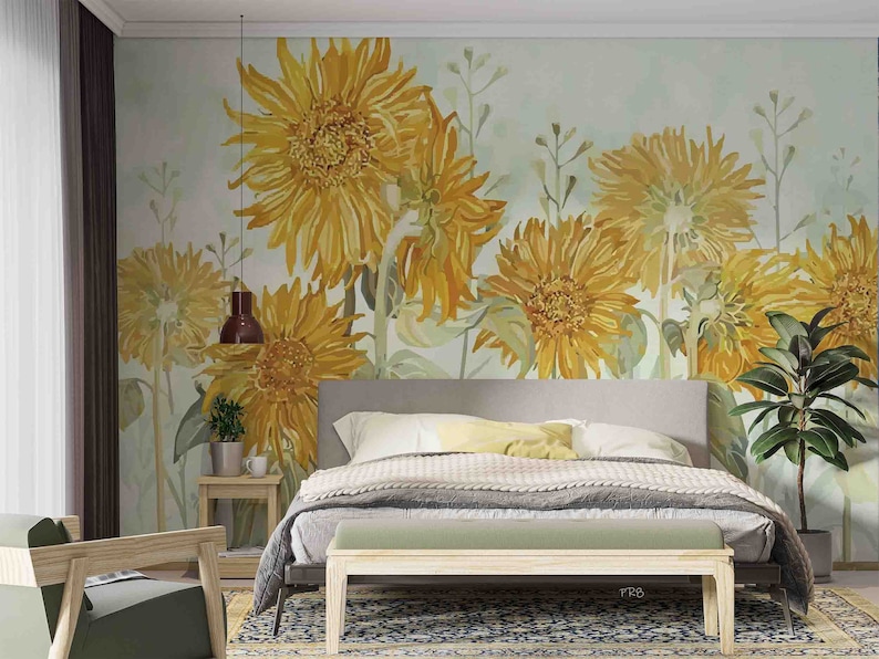 Yellow Sunflower Floral Wallpaper Mural, Peel and Stick, Removable - Etsy