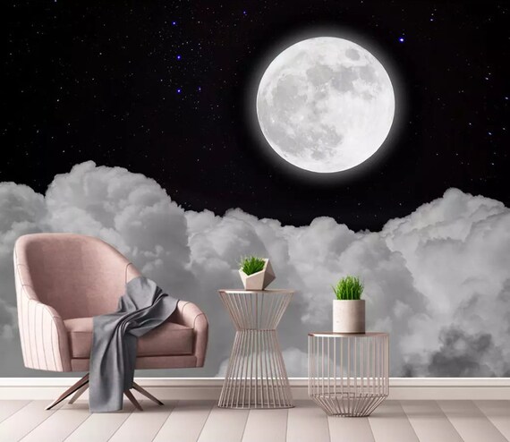 3D Moon Wallpaper Cloud Wall Mural Night Sky Wall Decor - Etsy