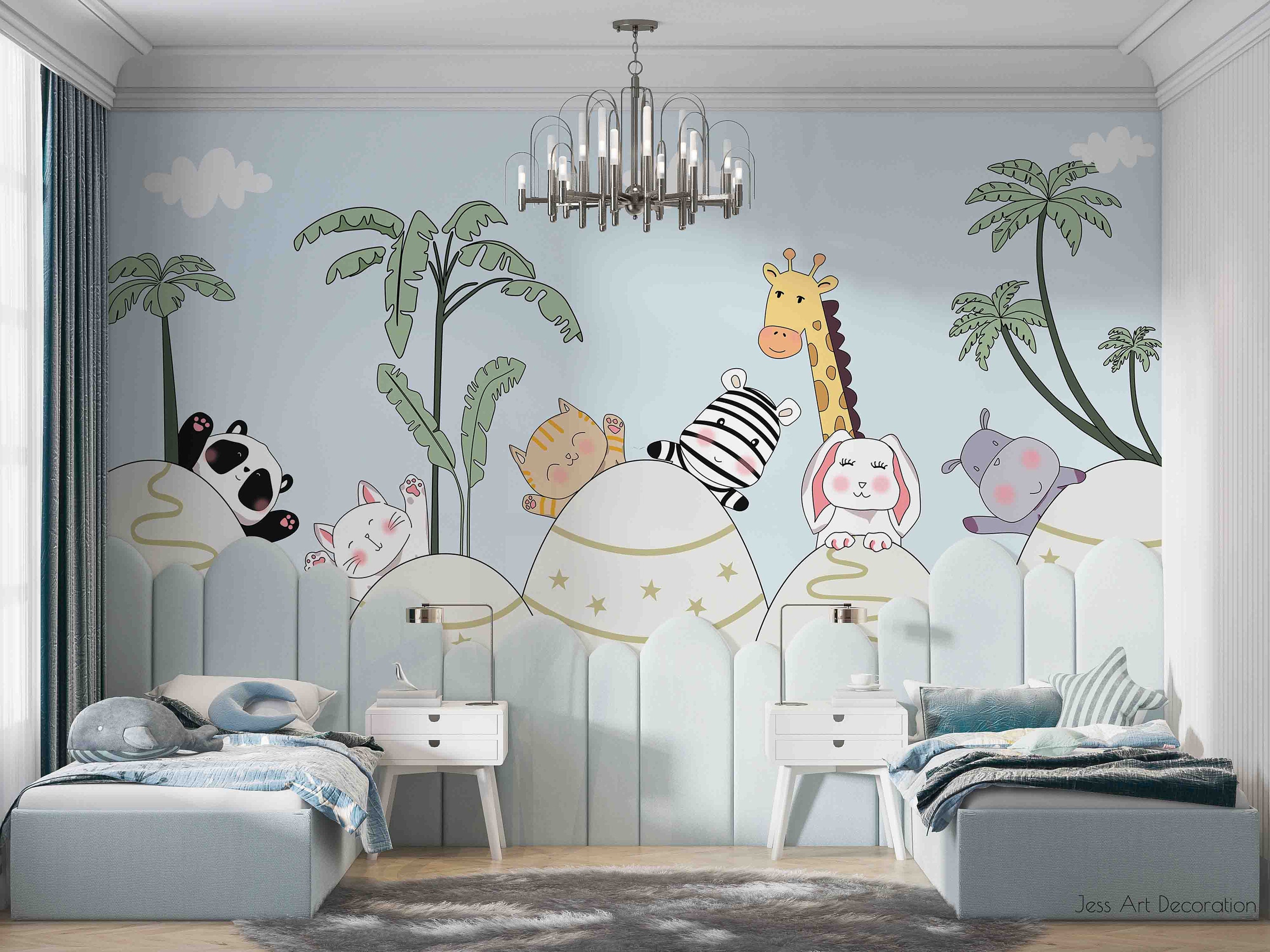 Cartoon Animal Wallpaper Mural, Giraffe, Panda, Hippo, Removable Peel ...