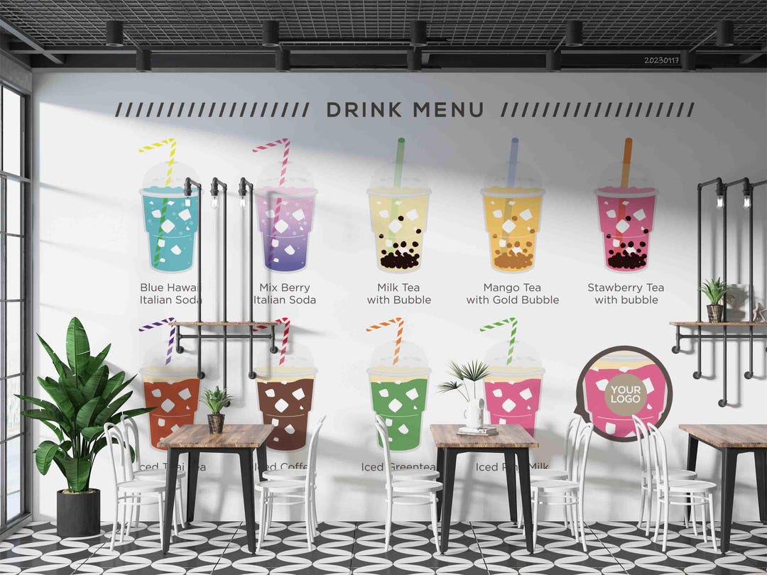 Bubble Tea Shop Wall Mural – Hand Drawn 3D Peel and Stick Wallpaper - Etsy
