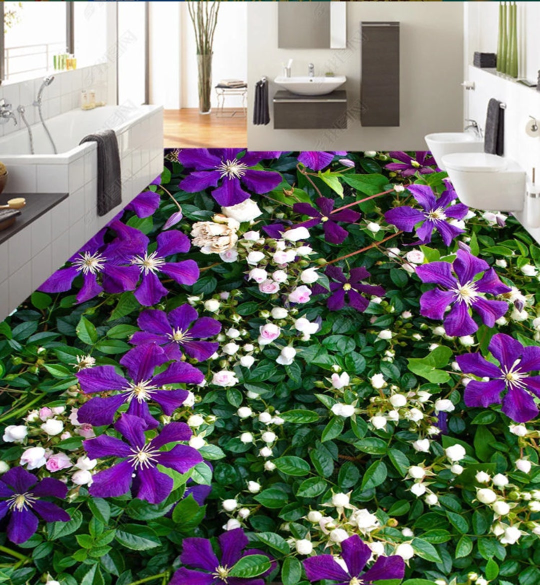 3D Purple Daisy Plant Floral, Vinyl Floor Mural, Self-adhesive Vinyl ...