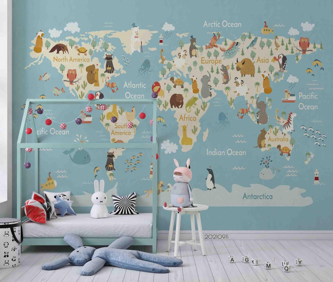 3D Animal World Map Mural: Kids Room Decor, Peel & Stick Wallpaper - Etsy