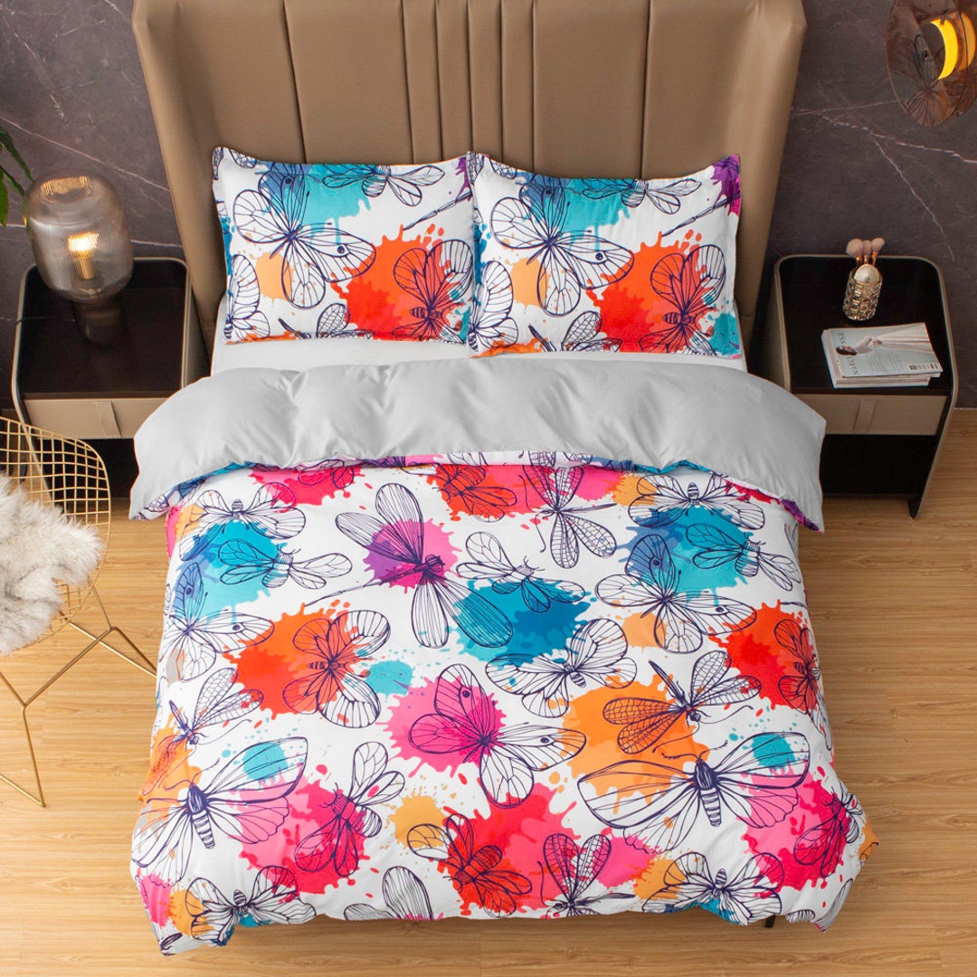 Butterfly Dragonfly Duvet Cover Set, Watercolor Insect Bedding - Etsy