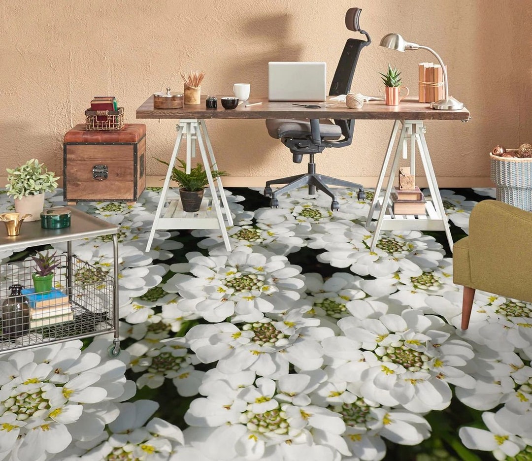 3D White Floral, Vinyl Floor Mural, Self-adhesive Vinyl, Floor Art ...