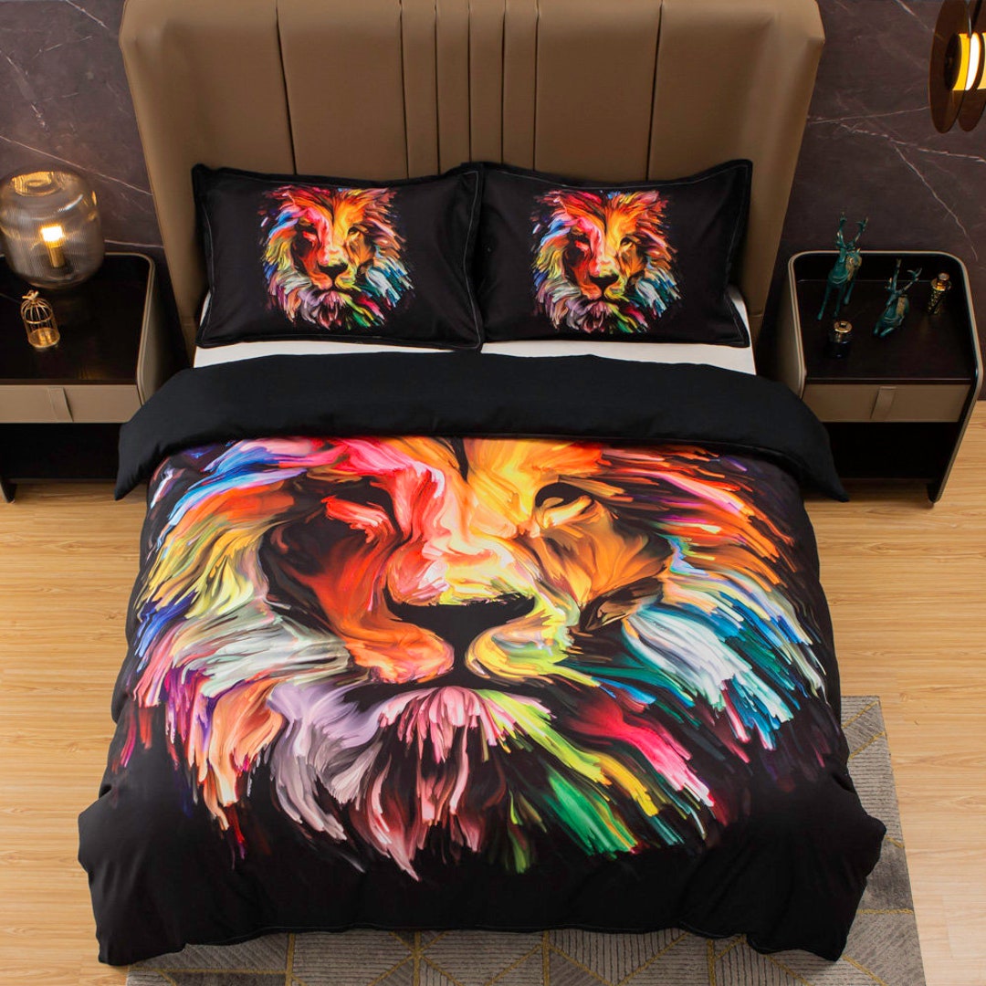 3D Lion Duvet Covers Set, Oil Painting Quilt Cover, Colorful Bedding ...