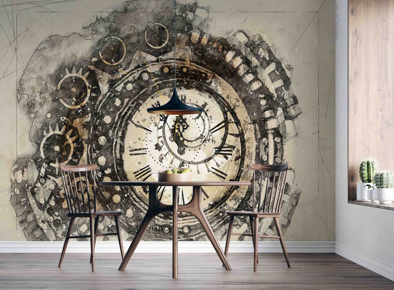 3D Clock Wallpaper Mural, Vintage Painting Wall Decor, Peel and Stick ...
